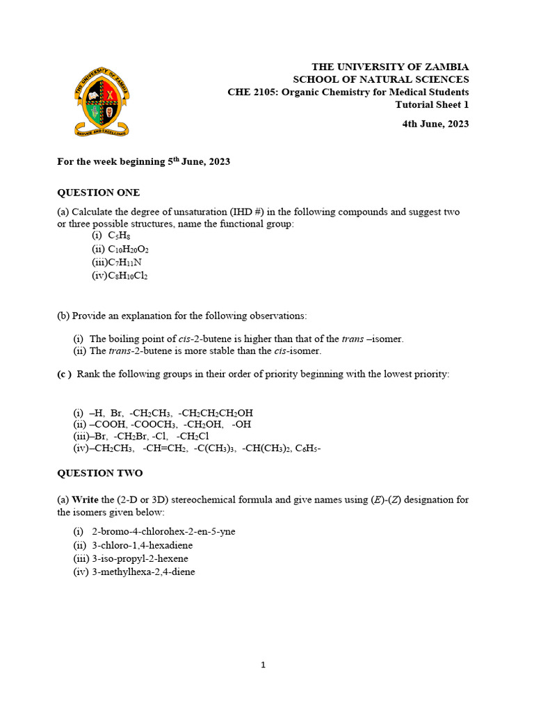 CHE 2105 Tutorial Sheet 1 - 2023 | PDF | Conformational Isomerism | Isomer