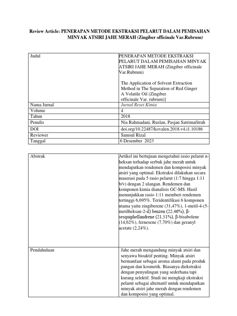 PENERAPAN METODE EKSTRAKSI PELARUT DALAM PEMISAHAN MINYAK ATSIRI JAHE ...