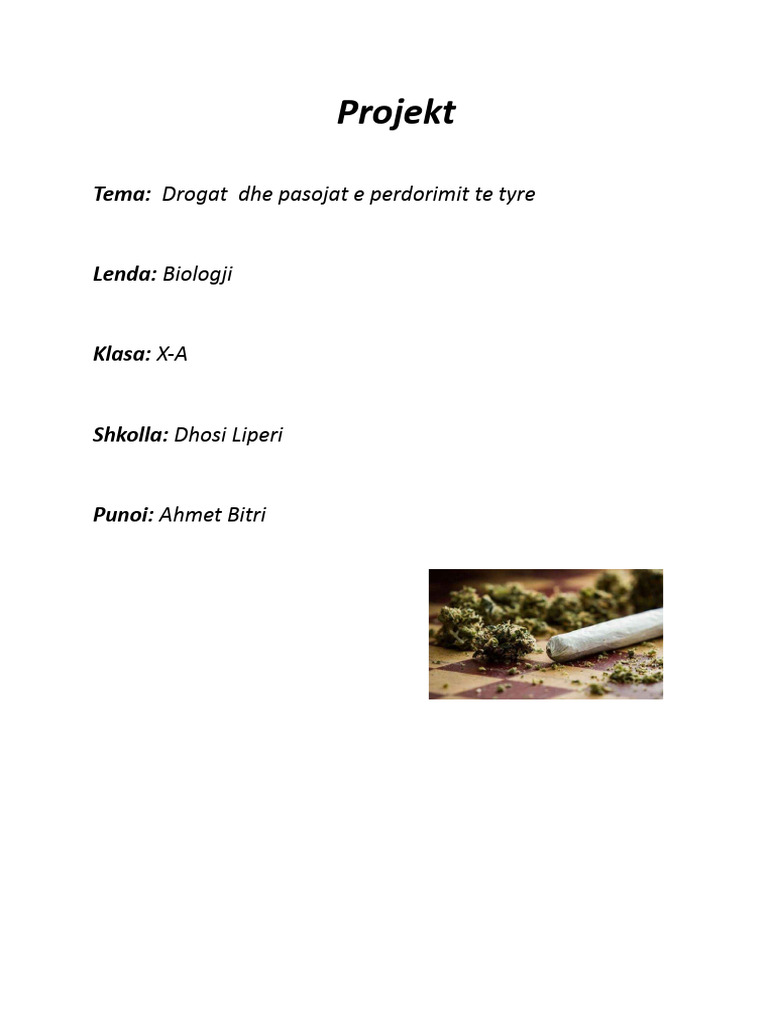 Projekt: Tema: Drogat Dhe Pasojat e Perdorimit Te Tyre | PDF
