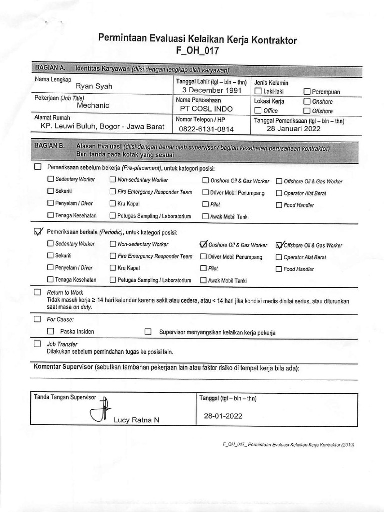 Ryan Syah Offshore Medical Checkup | PDF