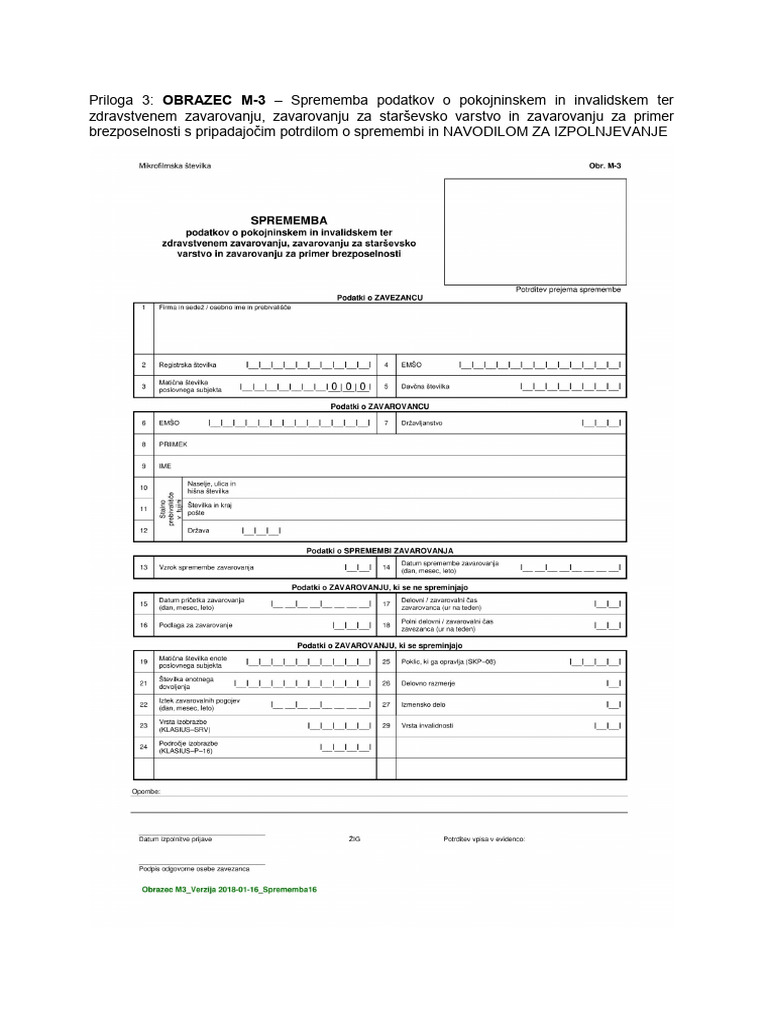 OBRAZEC M-3 - Sprememba Podatkov o Pokojninskem in Invalidskem Ter | PDF
