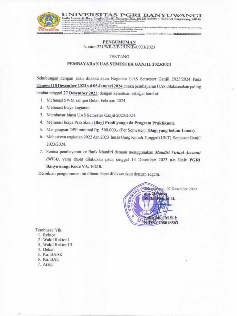 221-Wr-2-F-2-Uniba-Xii-2023-Pengumuman Pembayaran Uas Semester Ganjil 2023-2024 | PDF