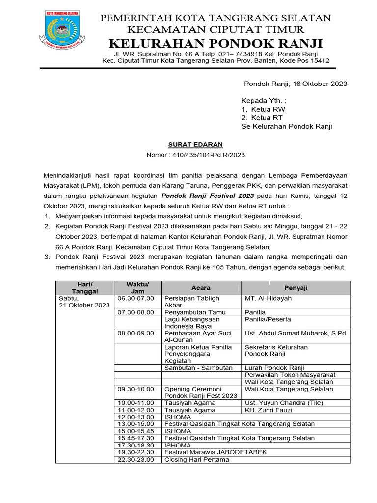 Surat Edaran HUT Pondok Ranji Ke-105rev | PDF