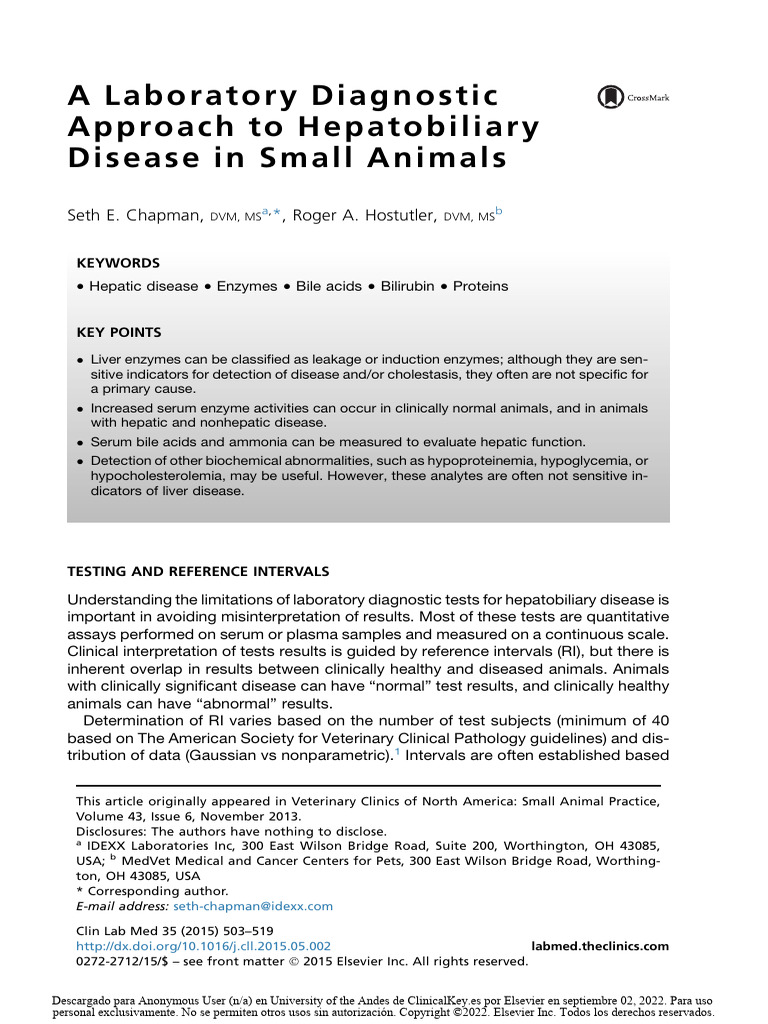A Laboratory Diagnostic Approach To Hepatobiliary Disease in Small ...