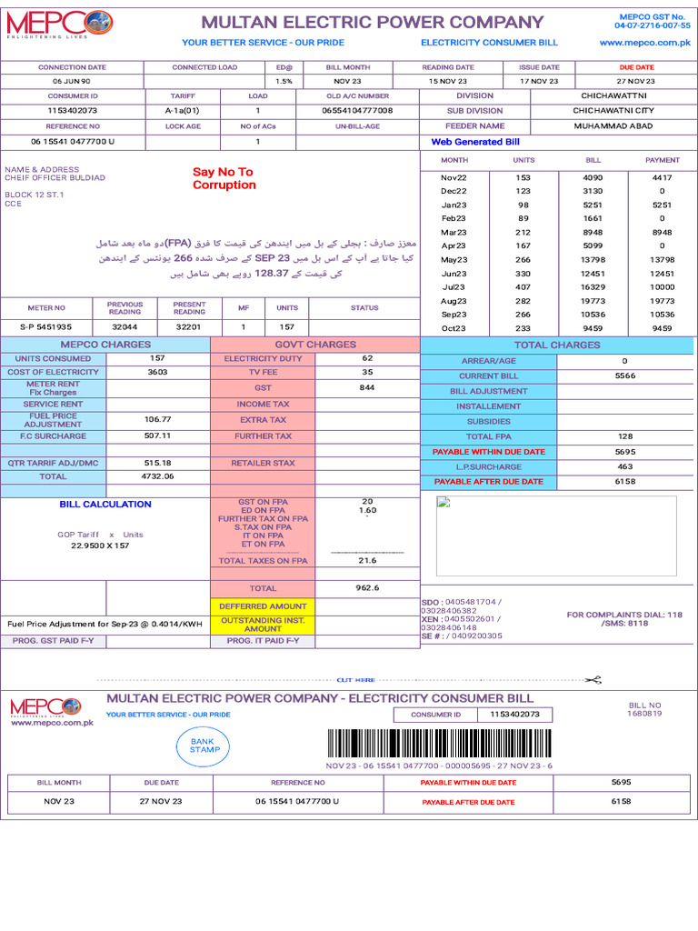 Bill November Mepco | PDF | Fee | Taxes