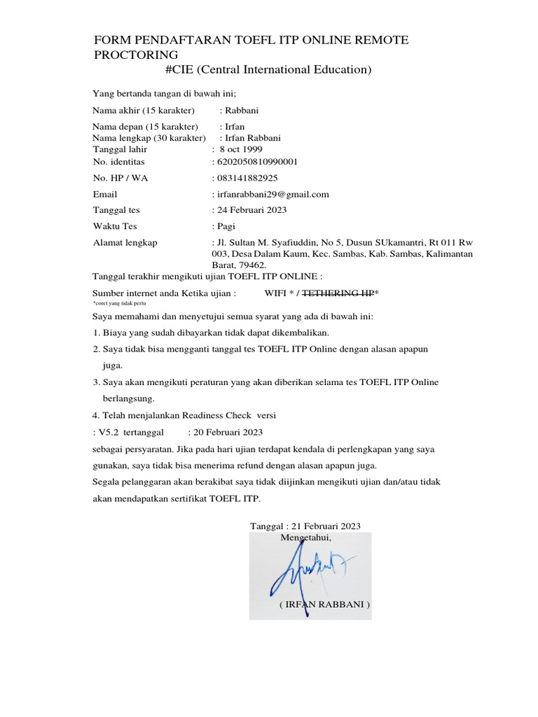 Form Pendaftaran TOEFL ITP Online v2 (Irfan Rabbani) | PDF