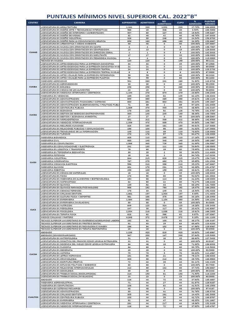 Puntajes - Minimos - CUs 2022B 1.xlsx Hoja1 | PDF | Ingeniería | Business