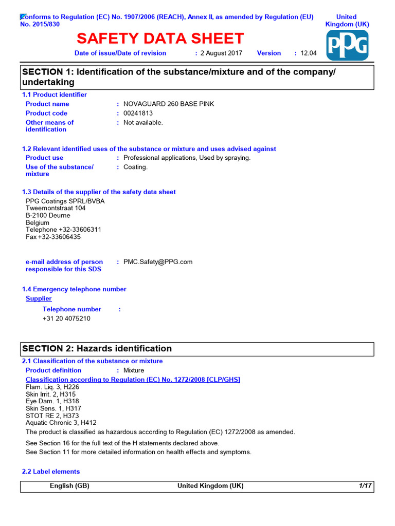 Sigma Novaguard 260 Base MSDS | PDF | Safety | Chemical Substances