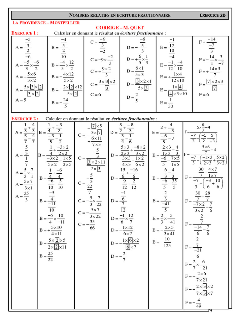 Les 4 Operations Liees Aux Fractions Corriges D Exercices | PDF