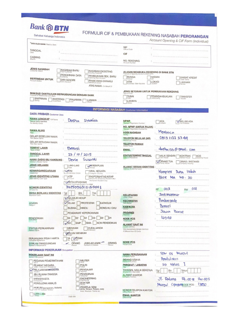Contoh Pengisian Formulir CIF | PDF