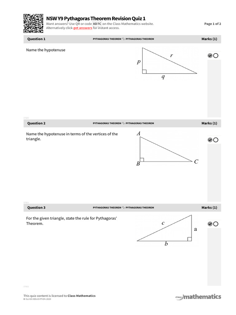 NSW Y9 Pythagoras Quiz | PDF | Triangle | Trigonometry