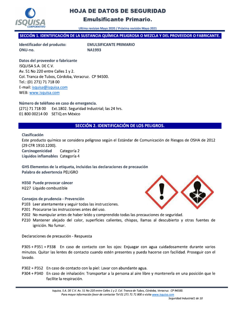 HOJA DE DAtOS DE SEGURIDAD EMULSIFICANTE | PDF
