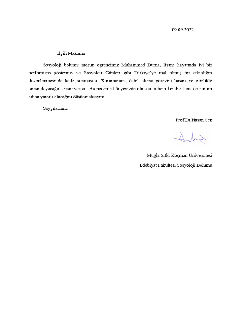 Muhammed Durna Referans Mektubu | PDF