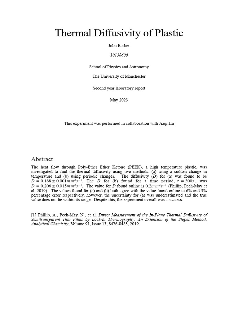 Thermal Diffusivity of Plastic | PDF | Thermal Conduction | Thermal ...