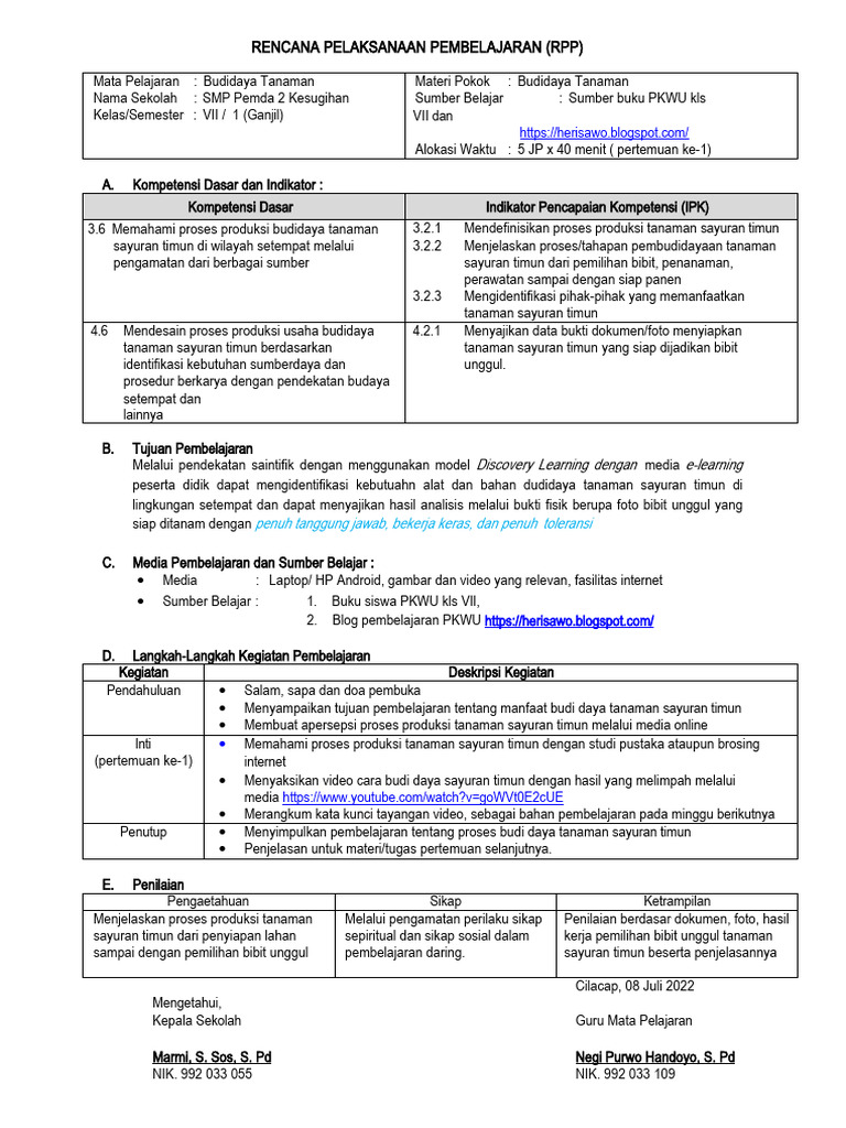 RPP Kelas VII - Sem1 | PDF