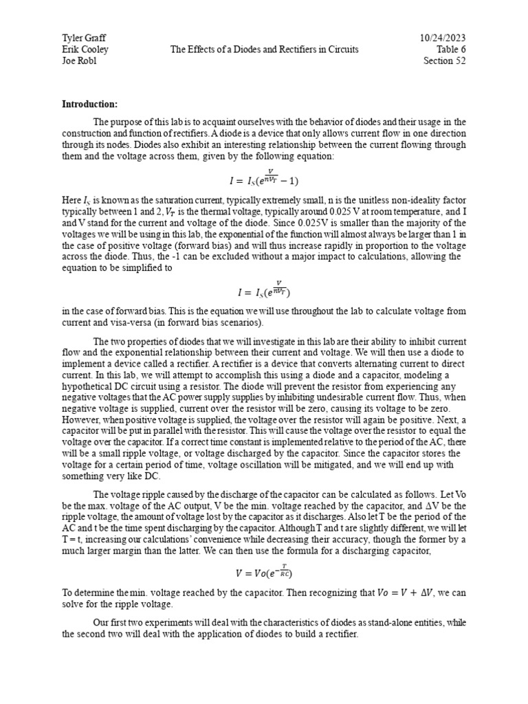 Lab 9 The Effects of Diodes and Rectifiers in Circuits | PDF | Capacitor | Rectifier
