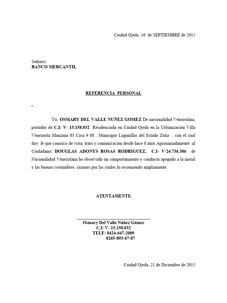 Carta de Referencia Personal | PDF | Venezuela | Finanzas personales