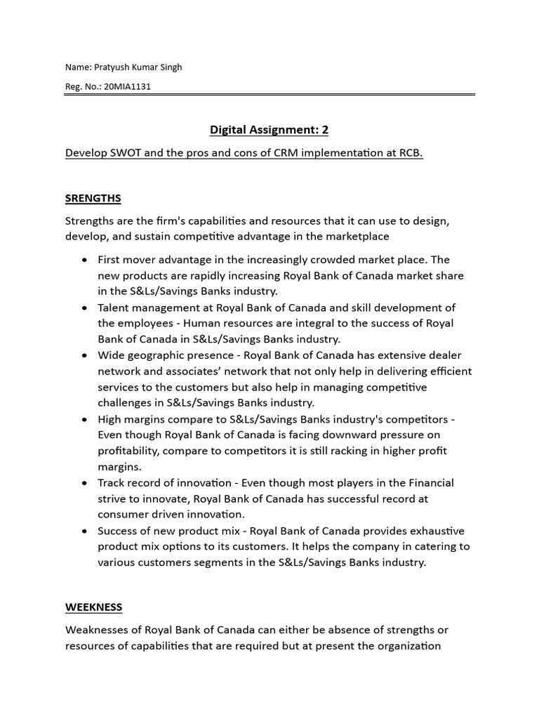 SWOT Analysis and CRM Pros/Cons for RBC | PDF | Customer Relationship ...