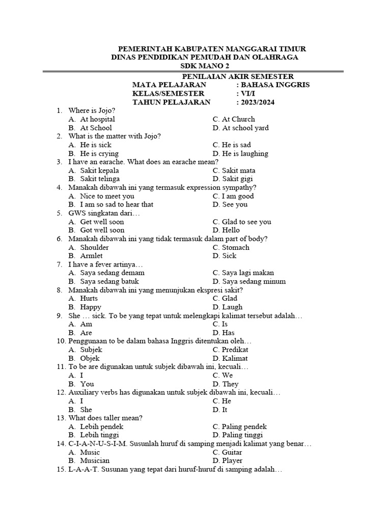 Soal Bahasa Inggris Kelas VI 2023 | PDF