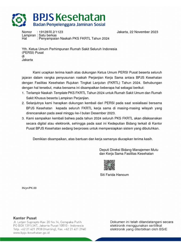 Lampiran Surat 834. Pengantar Ke Dir RS - Template Naskah PKS BPJS Kes ...