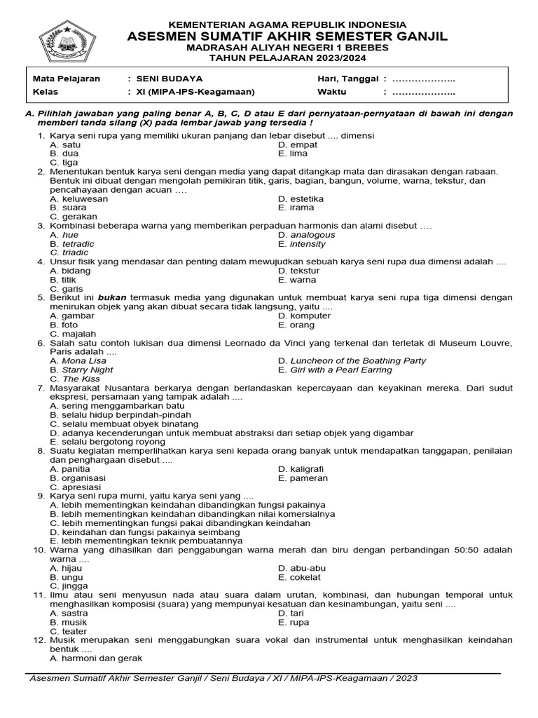 Soal ASAS SENBUD Kelas XI Semester Ganjil 2023-2024 | PDF