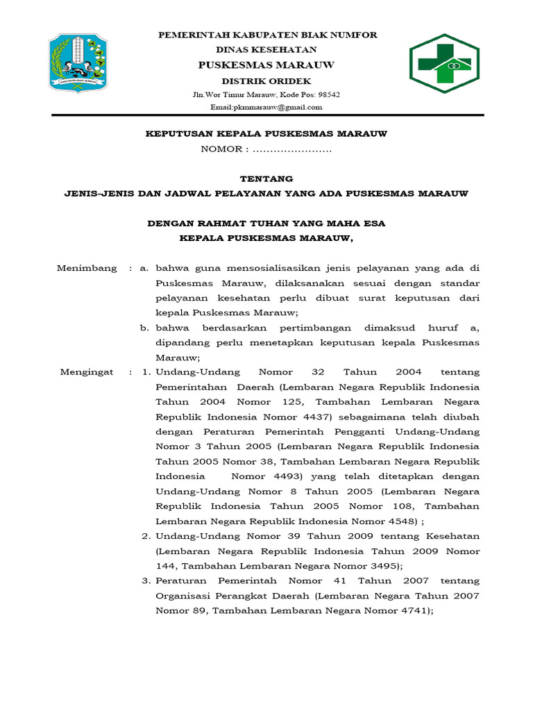 Ep.2 SK Jenis-Jenis Dan Jadwal Pelayanan Puskesmas Marauw | PDF | Kesehatan Holistik
