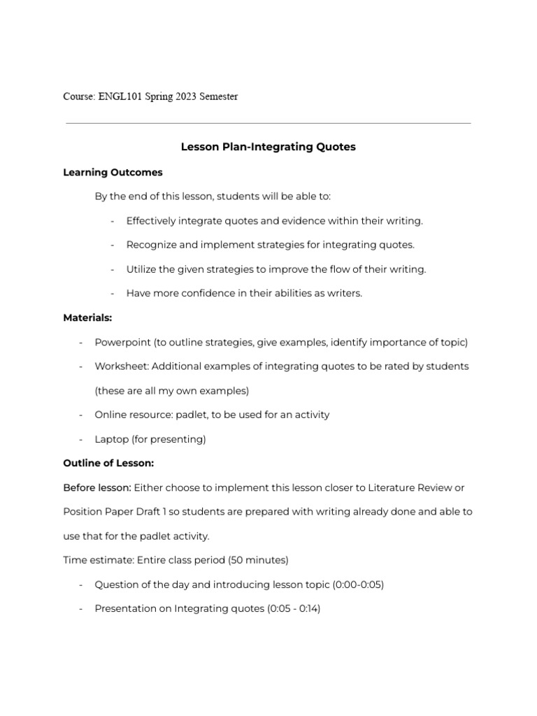 Lesson Plan - Integrating Quotes Revised 1 | PDF | Lesson Plan | Learning