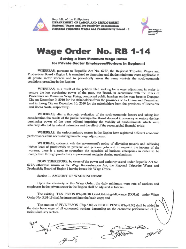 Minimum Wage Order No. RB1-14 - Region I | PDF