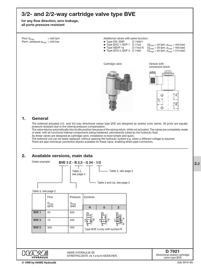3/2-And 2/2-Way Cartridge Valve Type BVE: 1. General | PDF | Valve | Pipe (Fluid Conveyance)