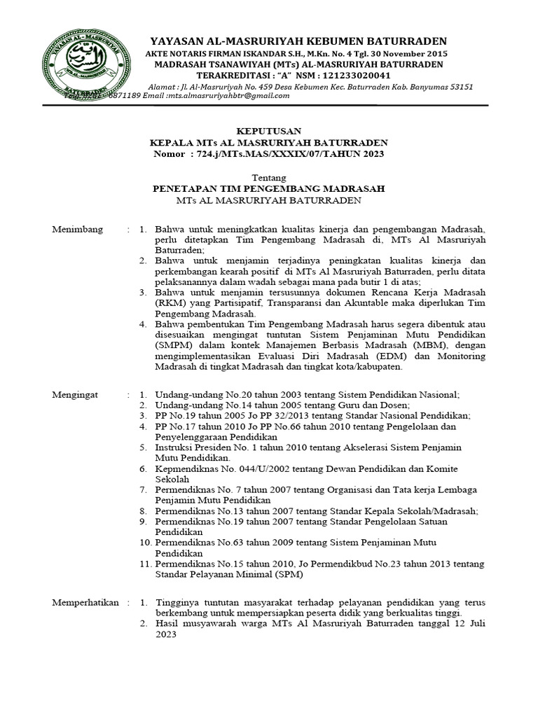 Tim Pengembang MTs Al Masruriyah 2023 | PDF