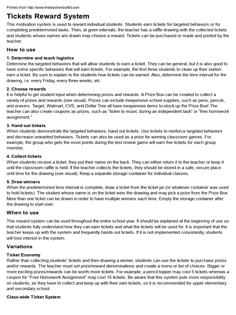Tickets Reward System - The Teacher Toolkit | PDF