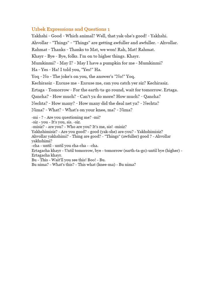Uzbek Expressions and Questions 1 | PDF | Language Arts & Discipline ...