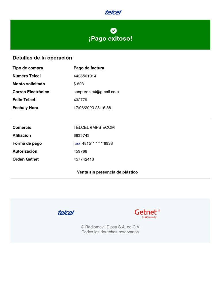 Pago Factura Telcel Exitoso $823 | PDF