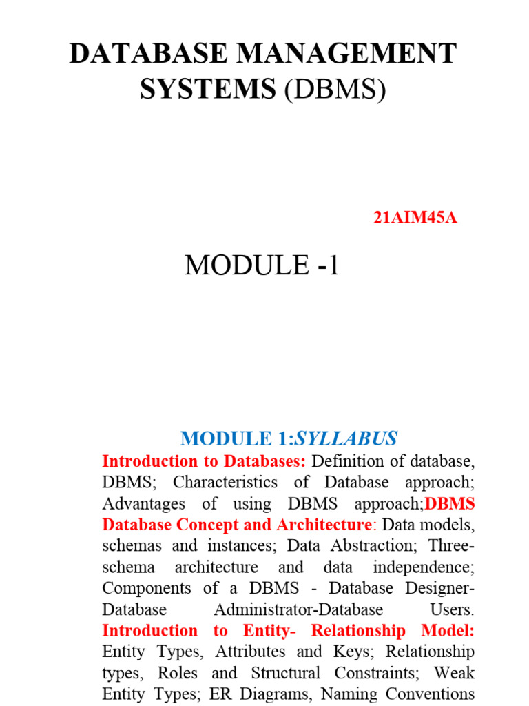 21aim45a Dbms Module 1 | PDF | Databases | Data Model