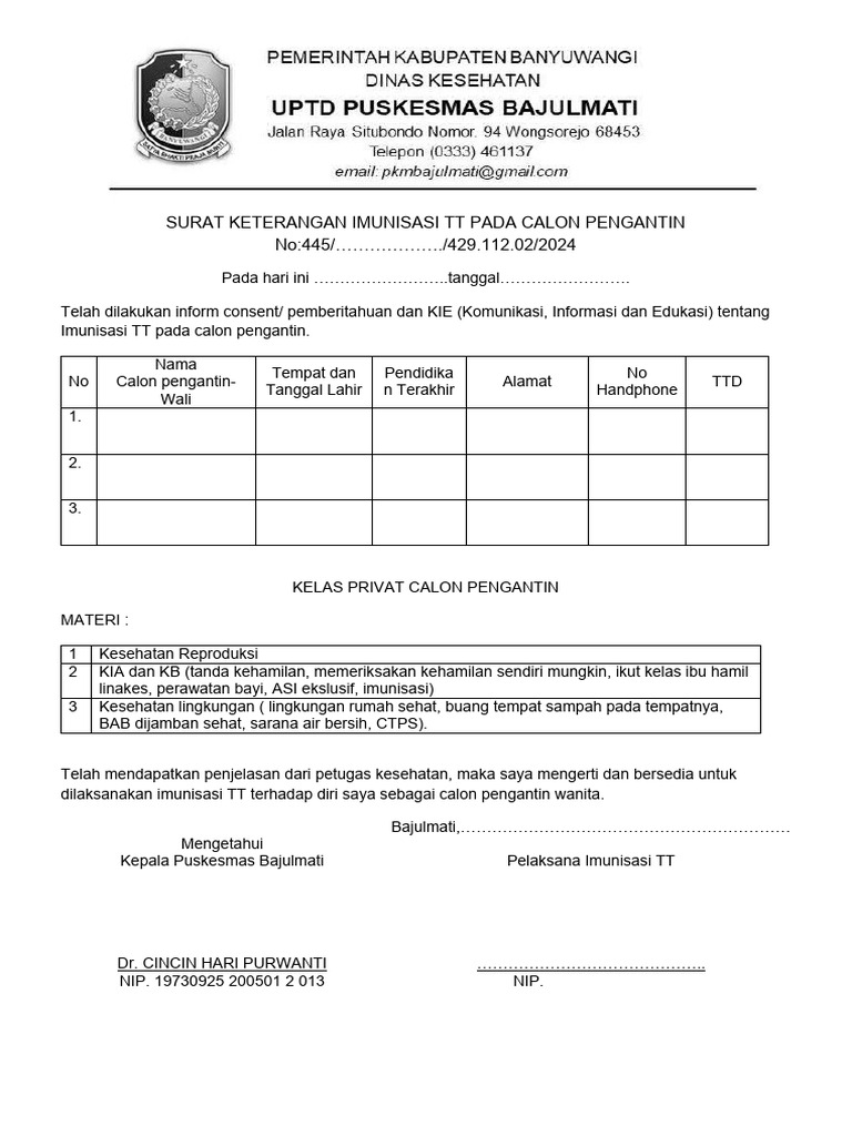 Surat Keterangan Imunisasi Tt Pada Calon Pengantin Wanita Pdf