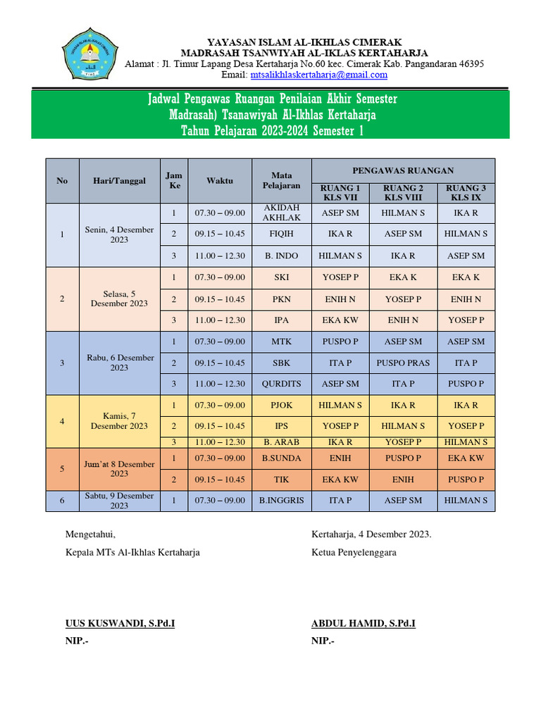 Jadwal Pengawas Ruangan Pas | PDF