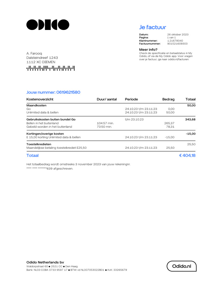 Odido Factuur 0619621580 20231026 | PDF
