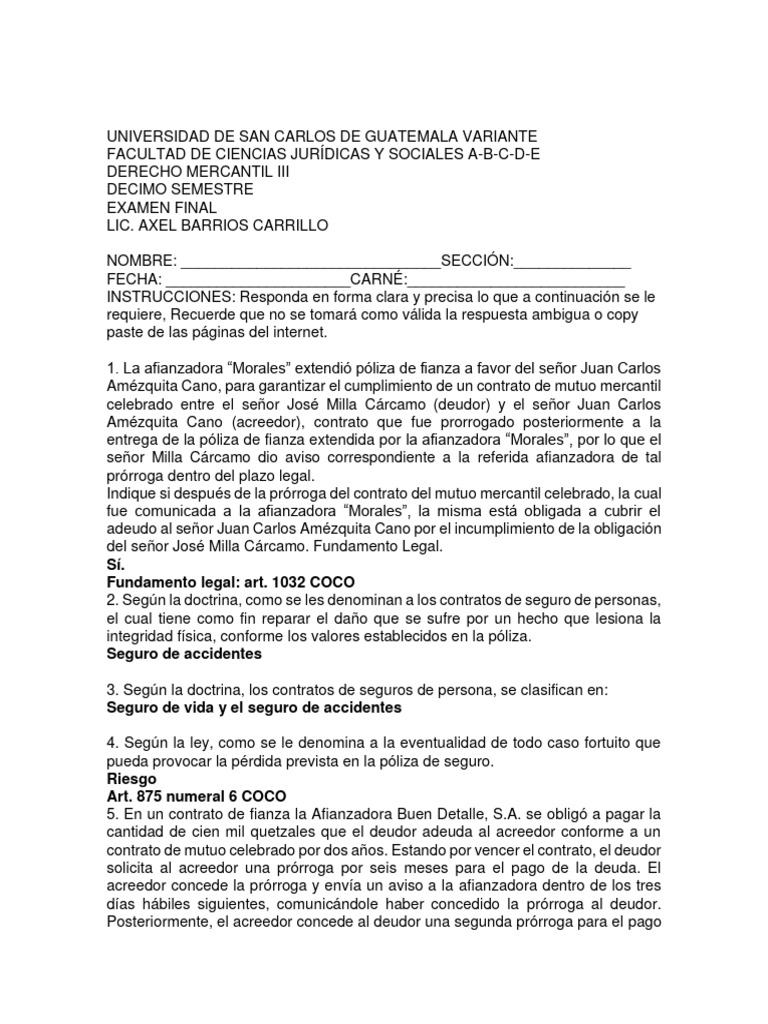Examen Derecho Mercantil III | PDF | Póliza de seguros | Seguro