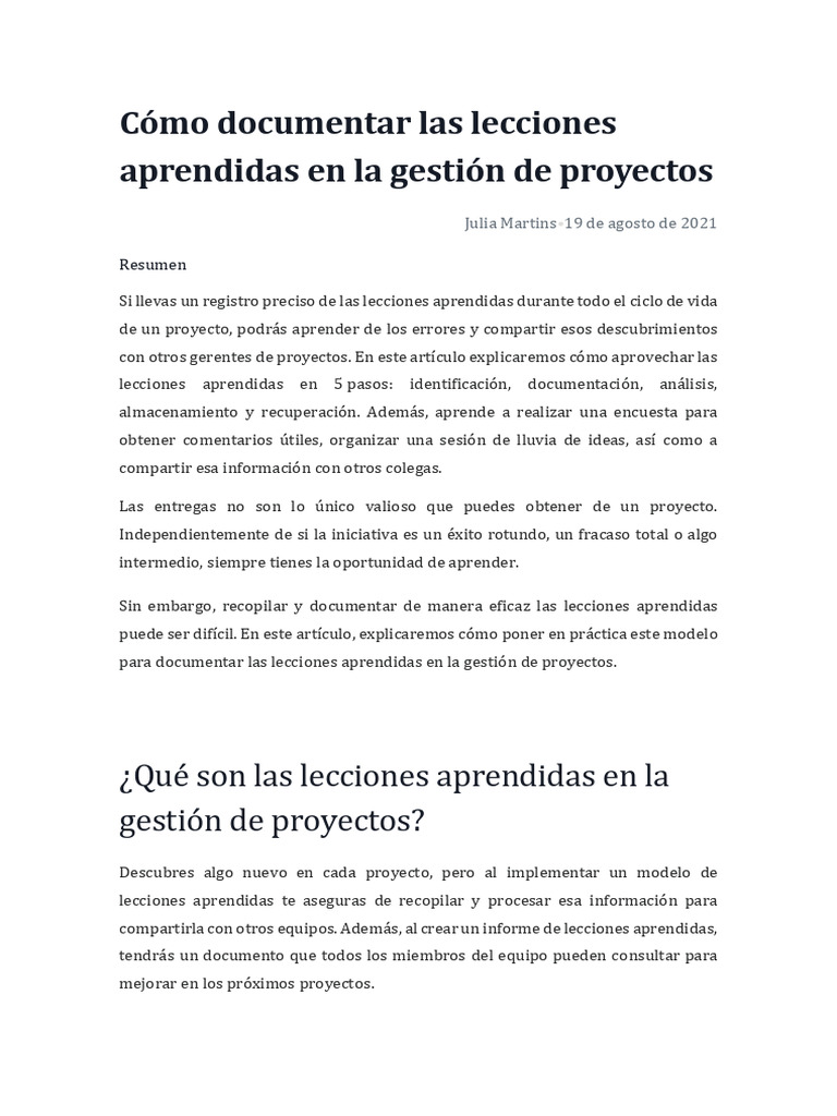 Cómo Documentar Las Lecciones Aprendidas - ASANA | PDF | Información | Scrum (desarrollo de ...