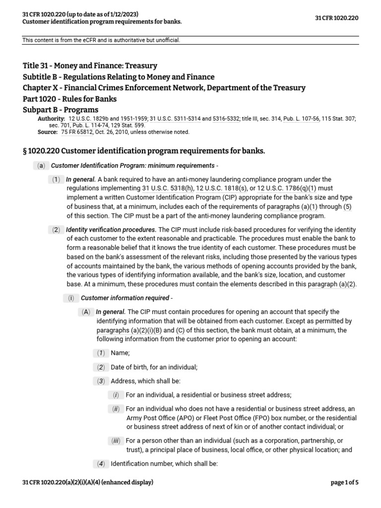 Bank Customer Identification Program Rules | PDF | Identity Document ...