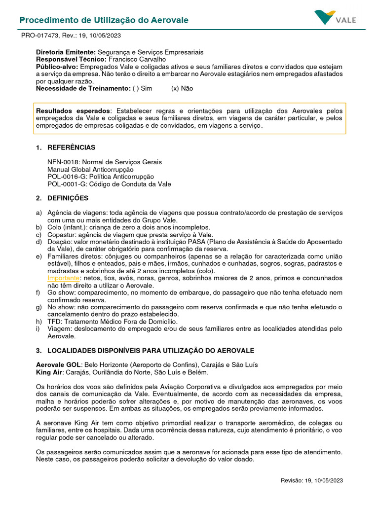 PRO-017473 - Procedimento de Utilização Do Aerovale Rev.19 2023 | PDF