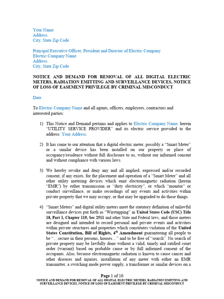 Smart Meter Removal Legal Letter | PDF | Electromagnetic Radiation ...