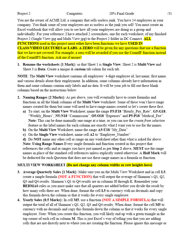 Comp Project 2 Instructions 1 | PDF | Worksheet | Computing