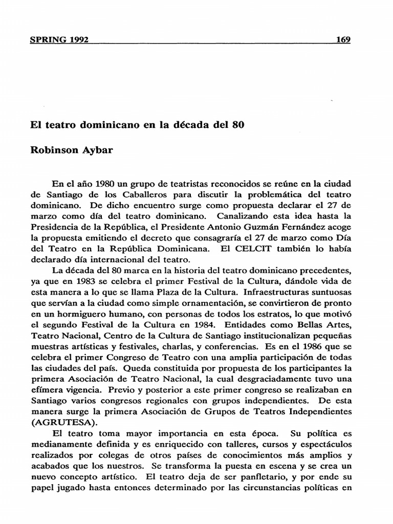 El Teatro Dominicano en La Década Del 80 Robinson Aybar: SPRING 1992 ...
