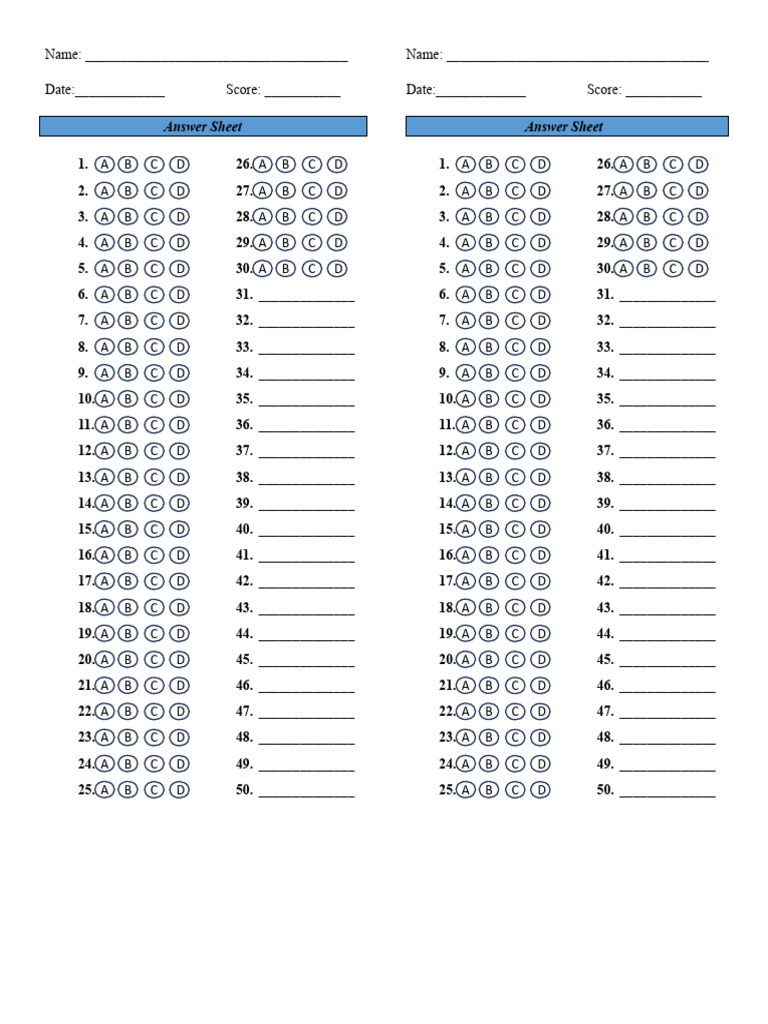 Multiple Choice Answer Sheet Template | PDF | Teaching Methods ...