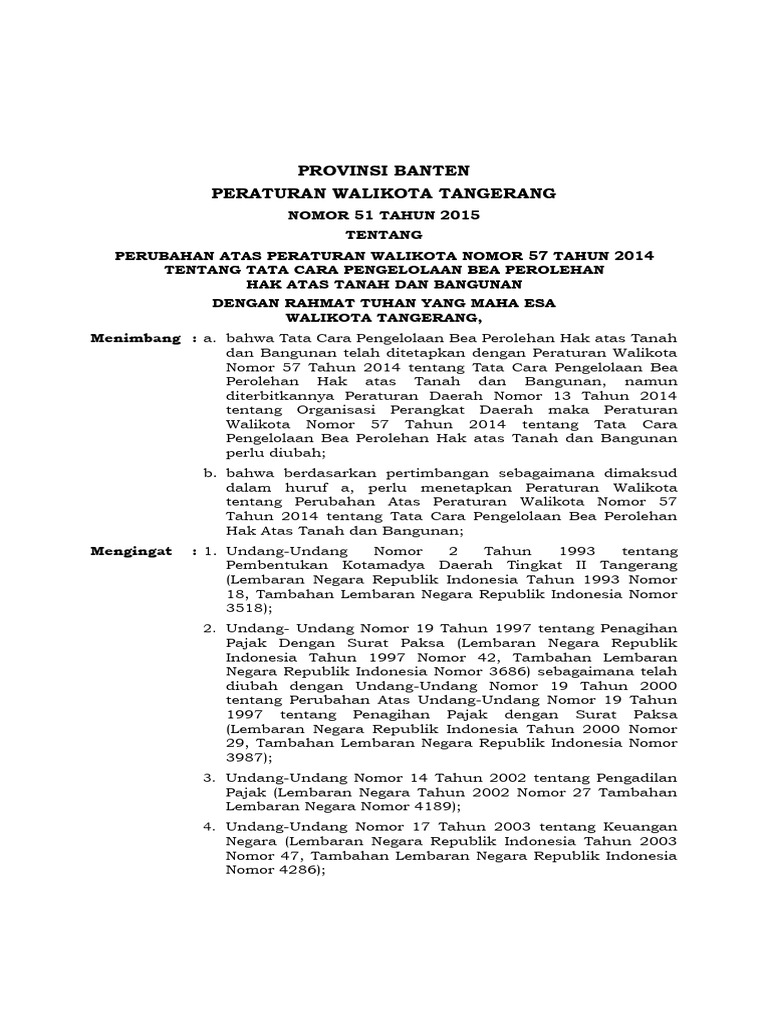 Perwal Nomor 51 Tahun 2015 Tentang Perubahan Atas Perwan No 57 Tentang PengelolaanBPHTB | PDF