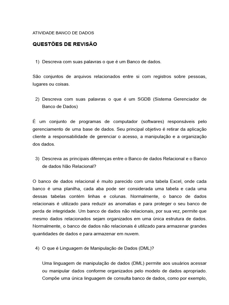 Atividade Banco de Dados | PDF | Bancos de dados | Modelo relacional