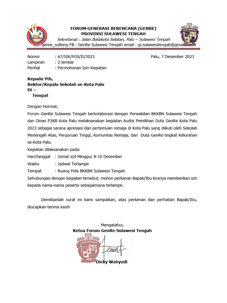 Surat Izin Duta GenRe Kota Palu 2023 | PDF