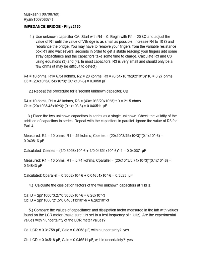 Lab 8 - Impedance Bridge - Muskaan, Ryan | PDF | Electronic Engineering | Electricity