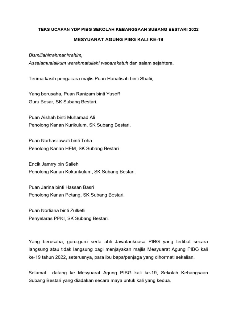 Teks Ucapan Ydp Pibg 2022 | PDF